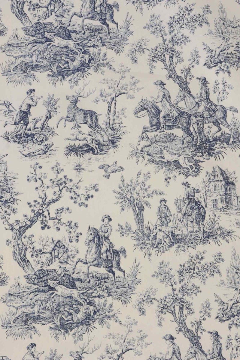 Double Width French Hunting Toile Blue On White Fabric – Foy & Co Interiors